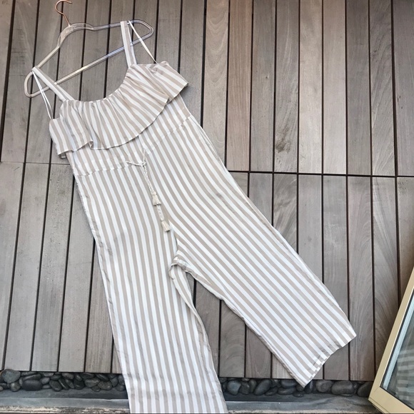 Zara | Pants & Jumpsuits | Zara Trf Collection Tan White Striped Jumper ...